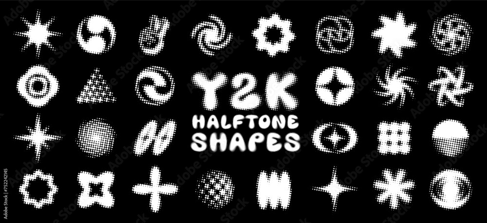 Y2K elements, large collection of abstract shapes in halftone pixel ...