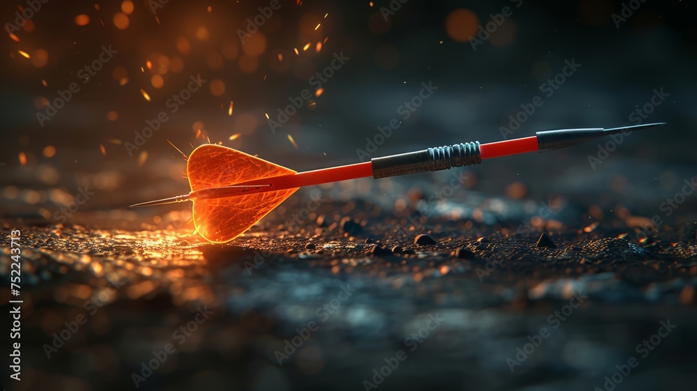 Neon orange dart striking a target in a dark room with dramatic shadows ...