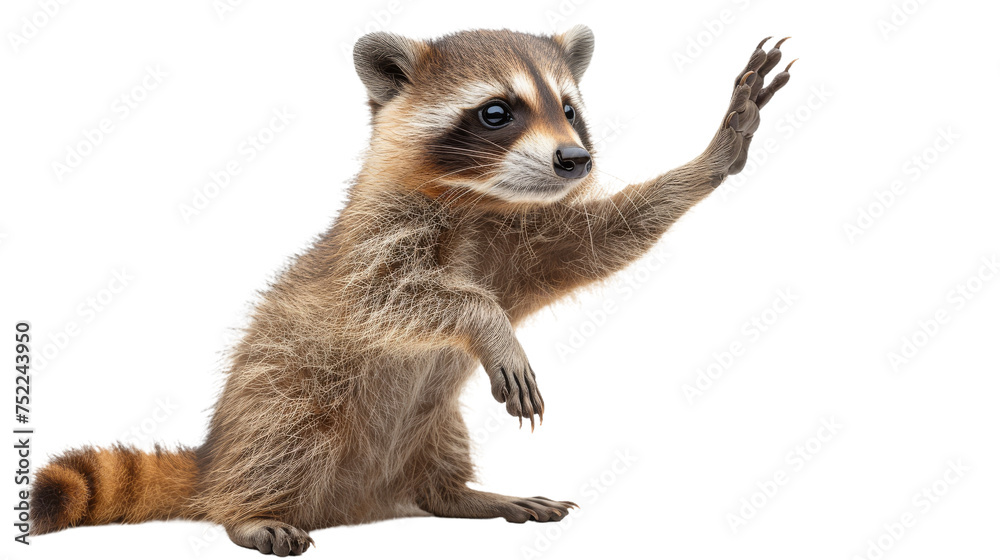 A playful raccoon shown in a side view raising its front paw as if ...