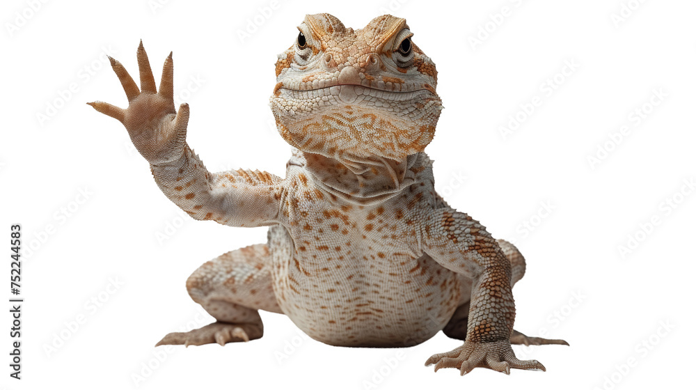 A distinctive image of a bearded dragon lizard with one limb raised ...