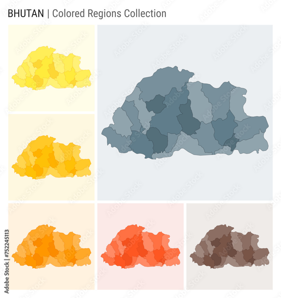 Bhutan map collection. Country shape with colored regions. Blue Grey ...