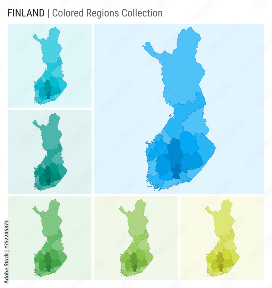 Finland map collection. Country shape with colored regions. Light Blue ...