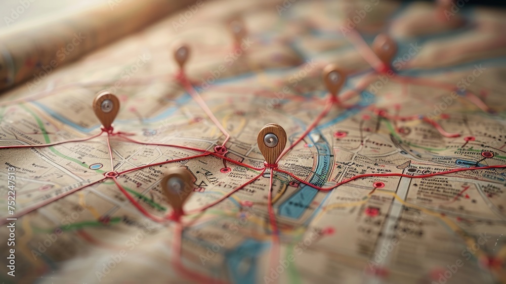 Paper map with hand-drawn landmarks and red string connecting key ...