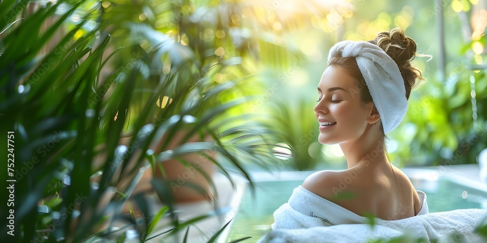 Relaxed woman in a spa enjoying a moment of selfcare bliss. Concept Spa ...