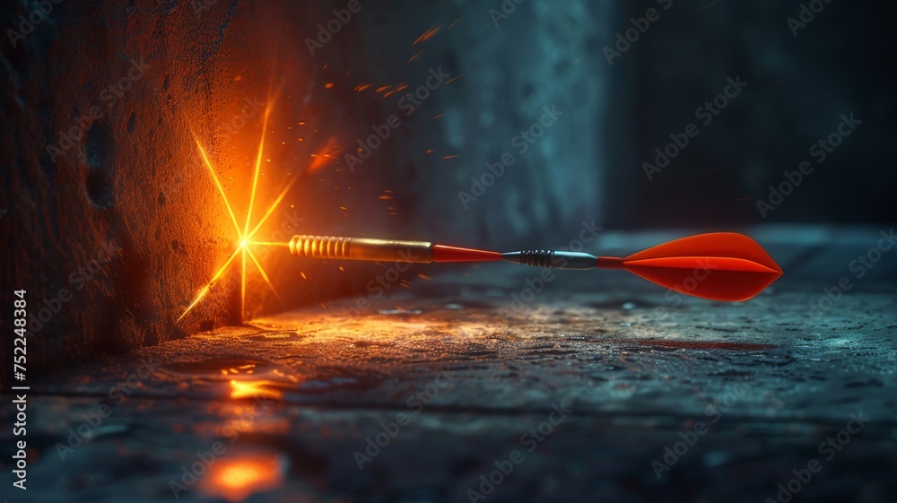 Neon orange dart striking a target in a dark room with dramatic shadows ...
