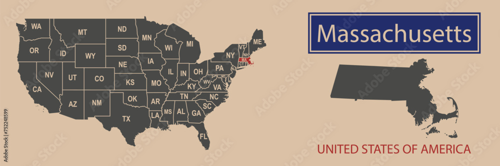 Vector map borders of the USA Massachusetts state. State of ...