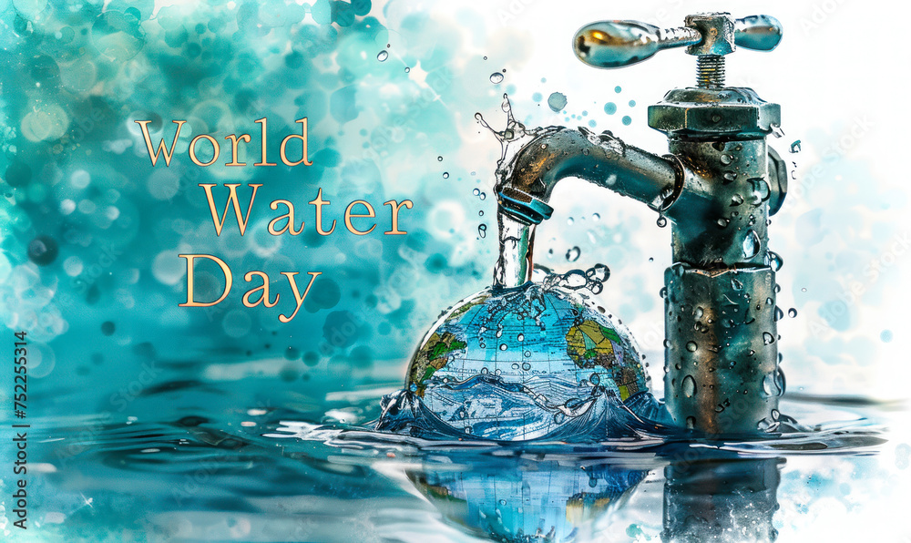 Illustrative design of World Water Day with a tap dripping onto a globe ...
