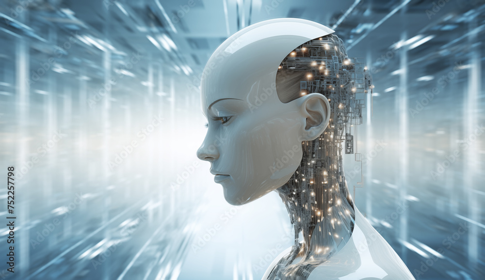 Cybergirl robotic humanoid side head view with many wires interlaced ...