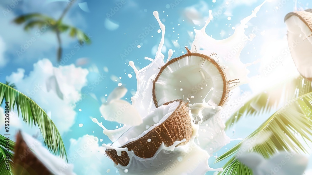 Fresh coconut milk splash and palm leaves create a bright sky ...