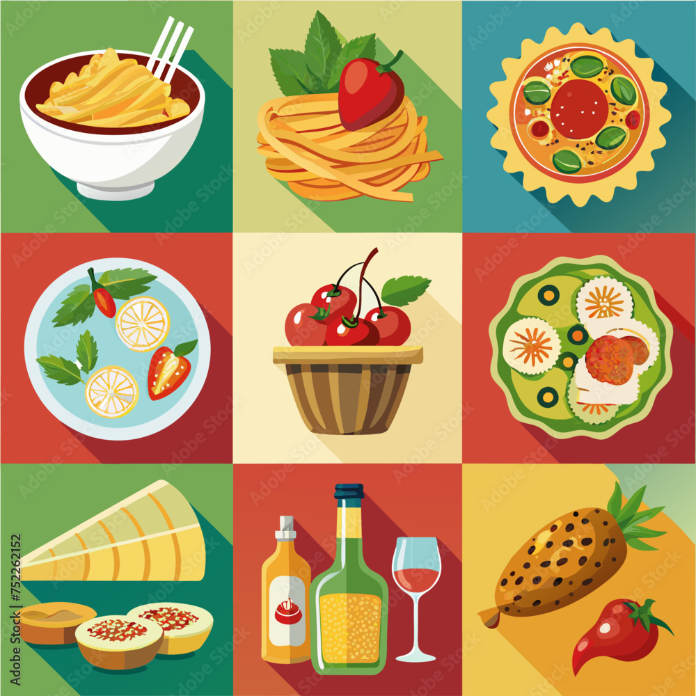 Italian food icons set. Flat illustration of 9 italian food icons for ...