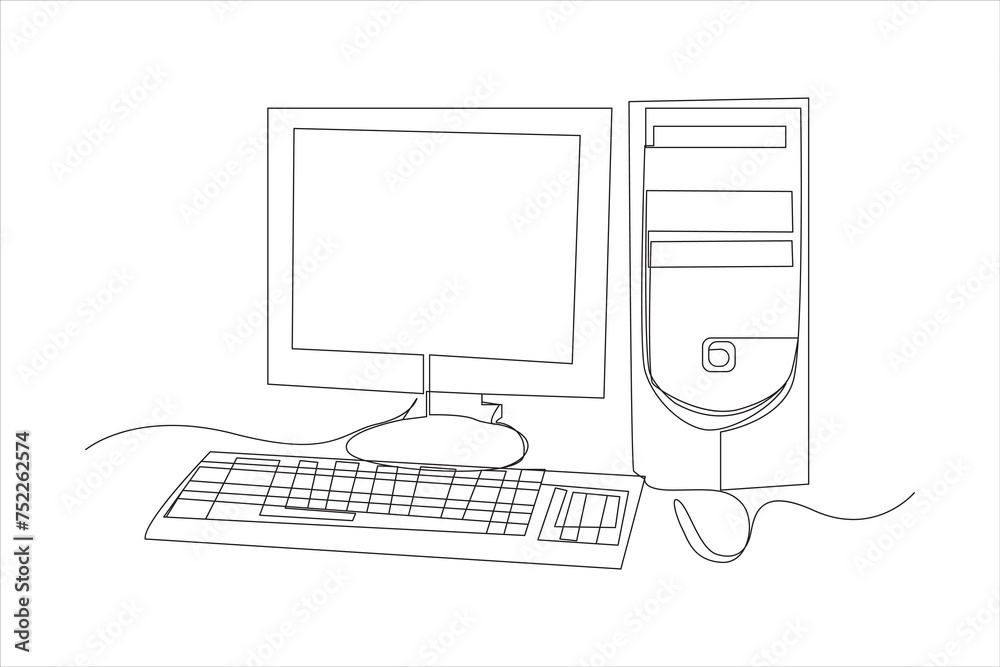 computer Continuous one line drawing. Screen computers monitor keyboard and mouse. Vector ...