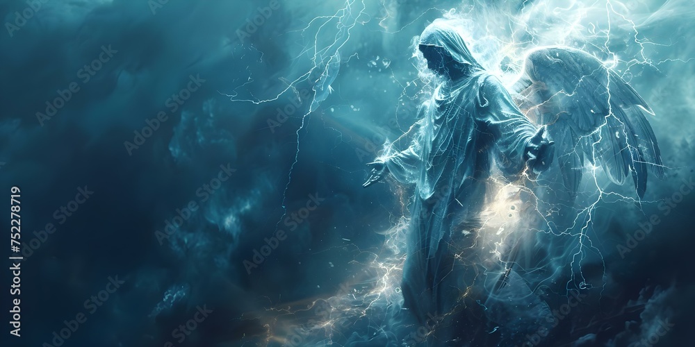 An angelic figure controls a raging storm with lightning and thunder ...