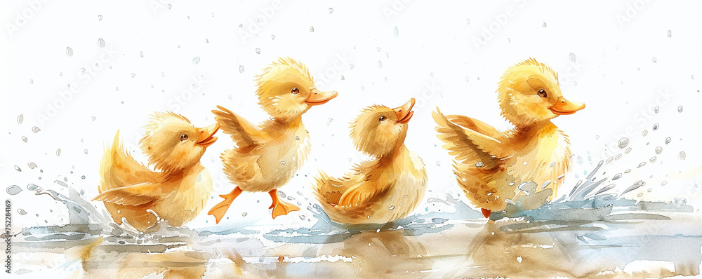 Ducks in a watercolor rain puddle hopping rainy day play isolated white ...