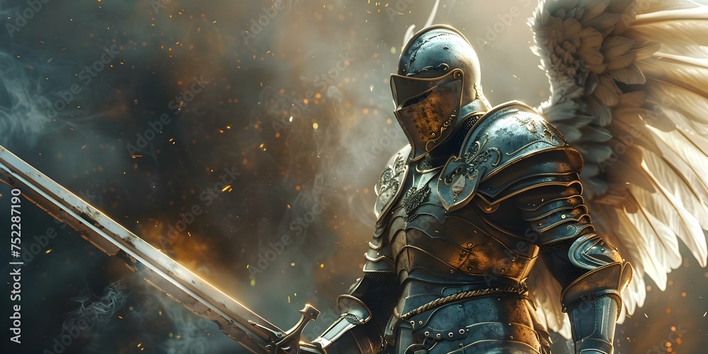 An angelic warrior wields divine weapons as a guardian of the heavens ...
