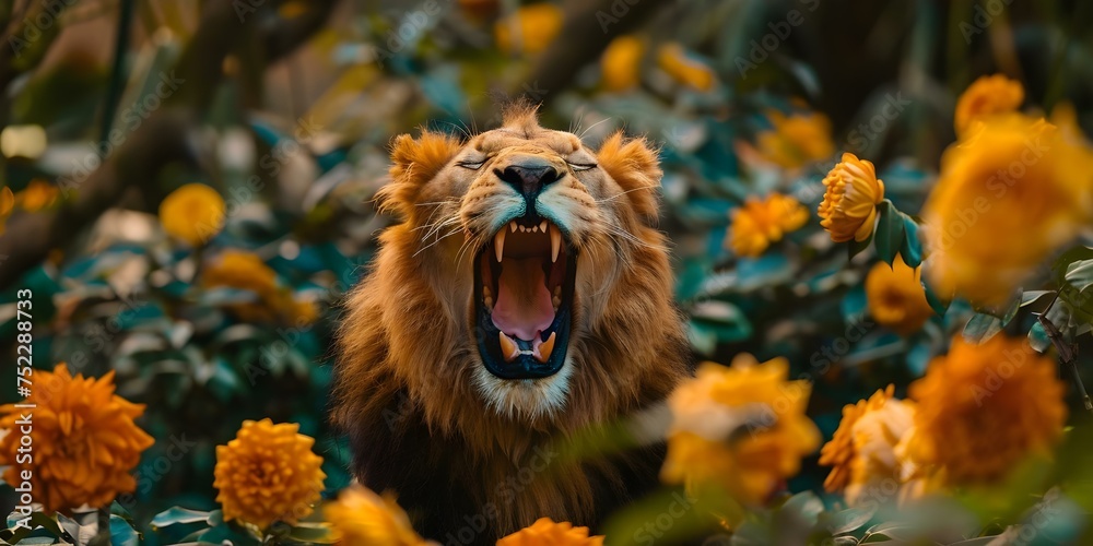 The Roar of a Lion Resonating Amid the Vibrant Colors of the Jungle ...