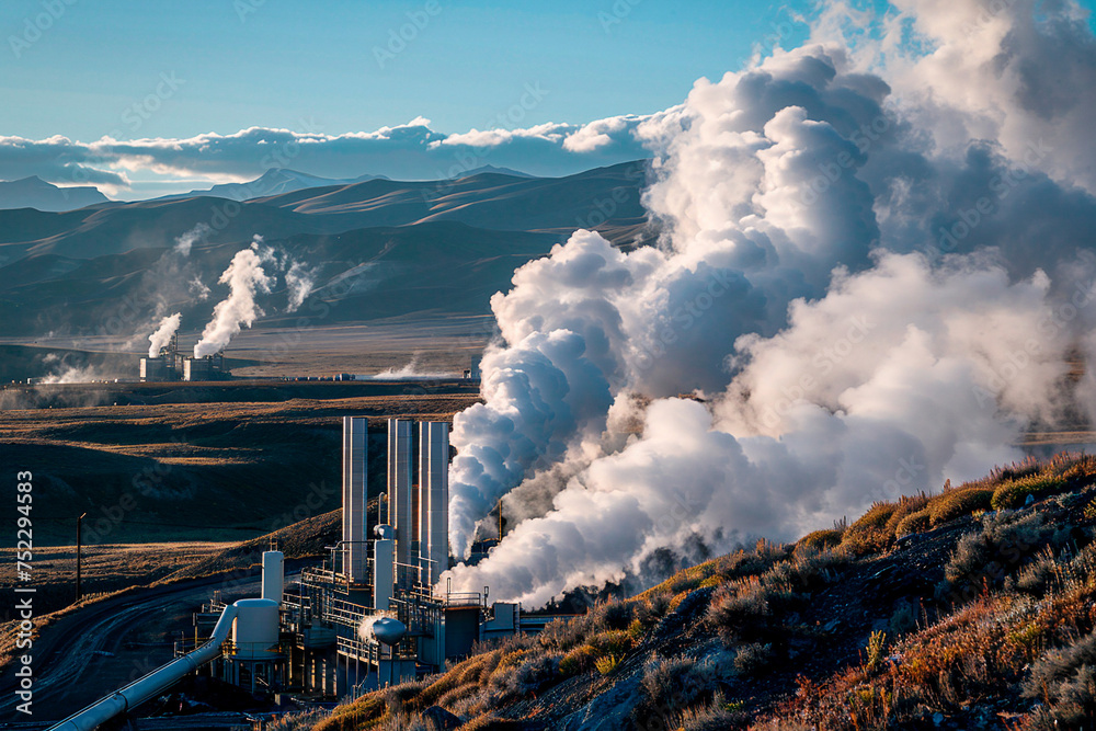 Geothermal power plants extracting heat from Earth's crust, with steam ...