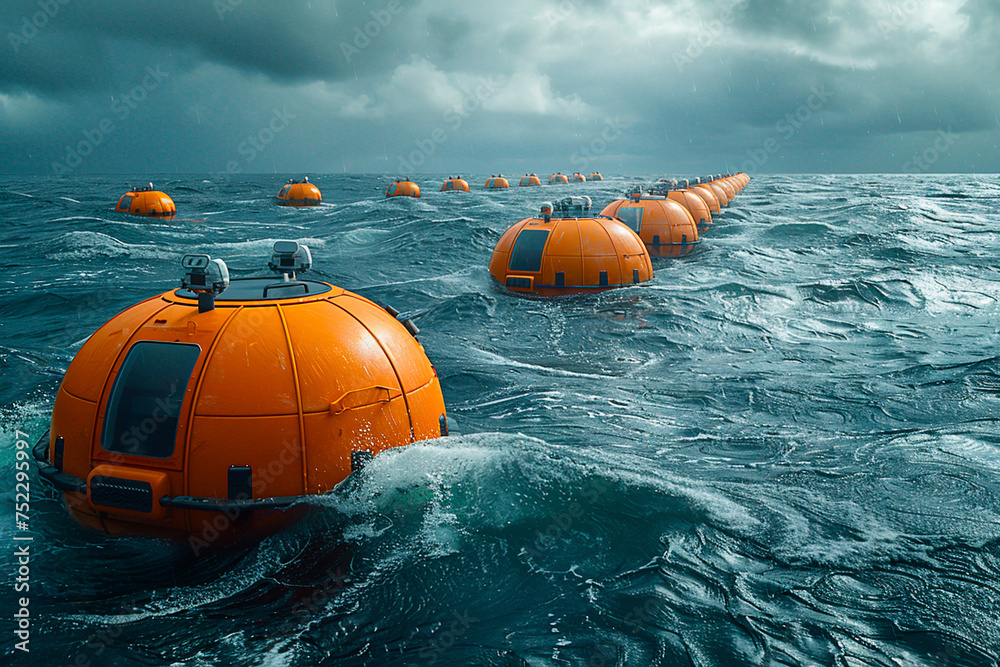 Wave energy converters bobbing on surface of the ocean, converting ...