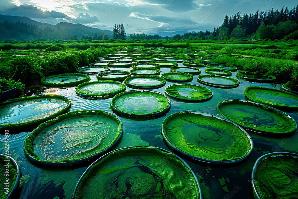 Algae biofuel farm cultivating algae in vast open ponds, showcasing the ...