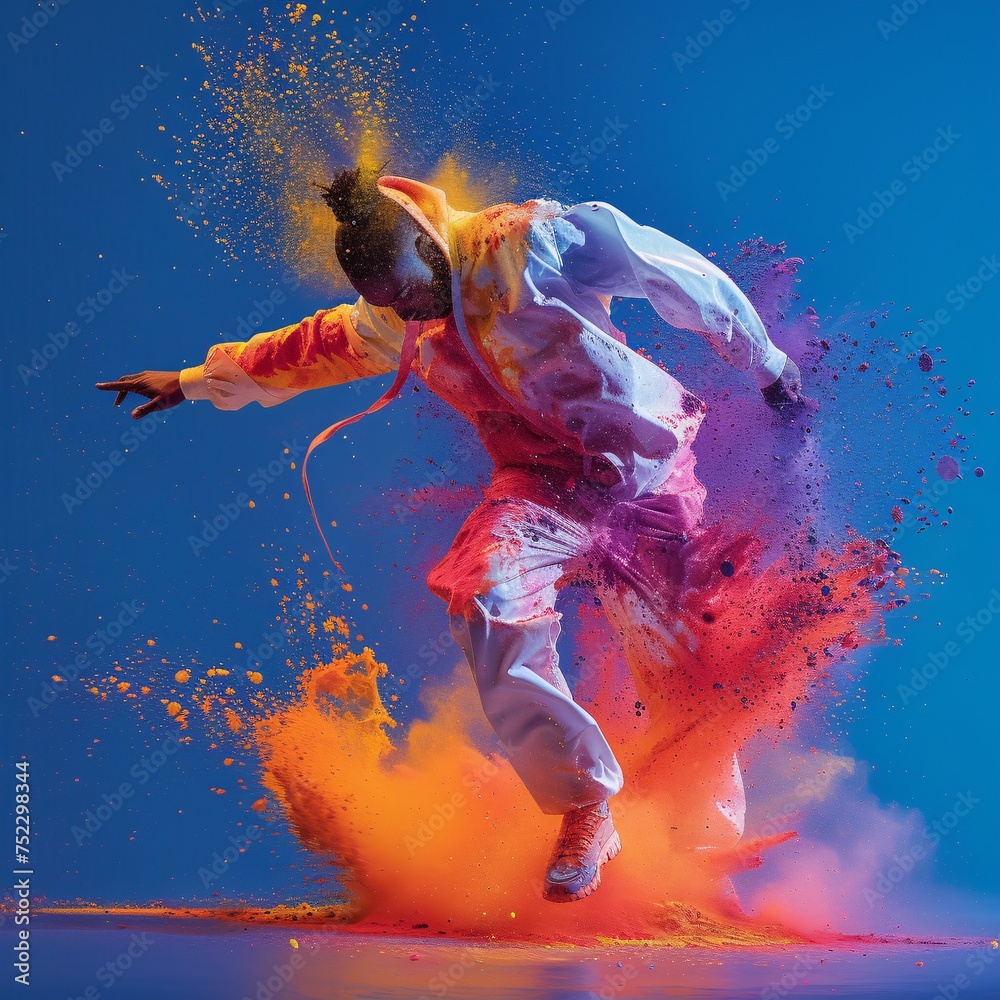 Vivid image capturing a dynamic dancer mid-motion with a vibrant ...