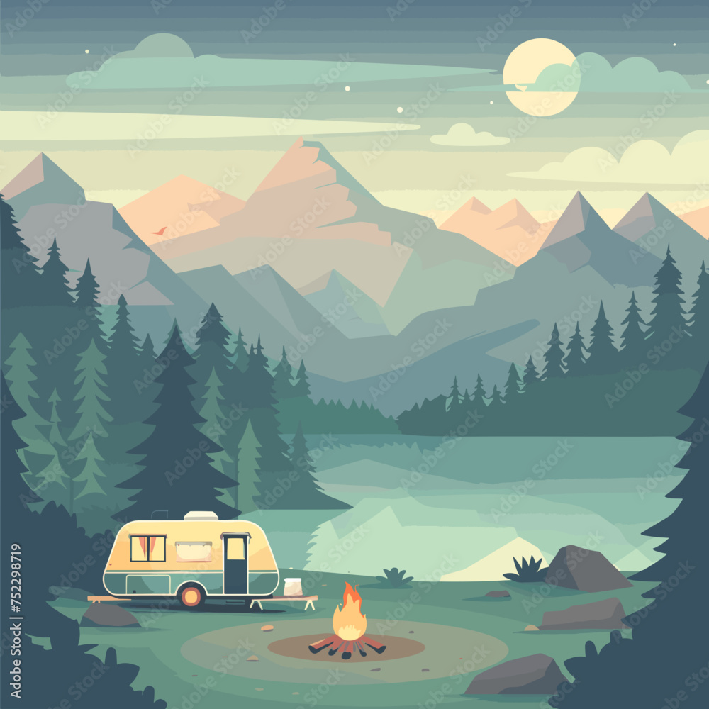 Cartoon camping. Summer nature scene with trailer tent and bonfire ...