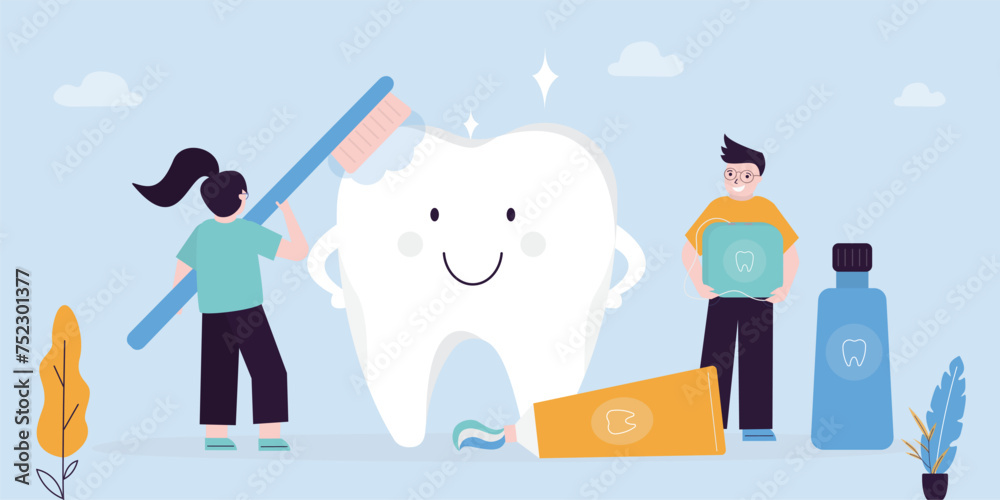 Cute kids taking care of tooth. Brushing teeth with toothbrush ...