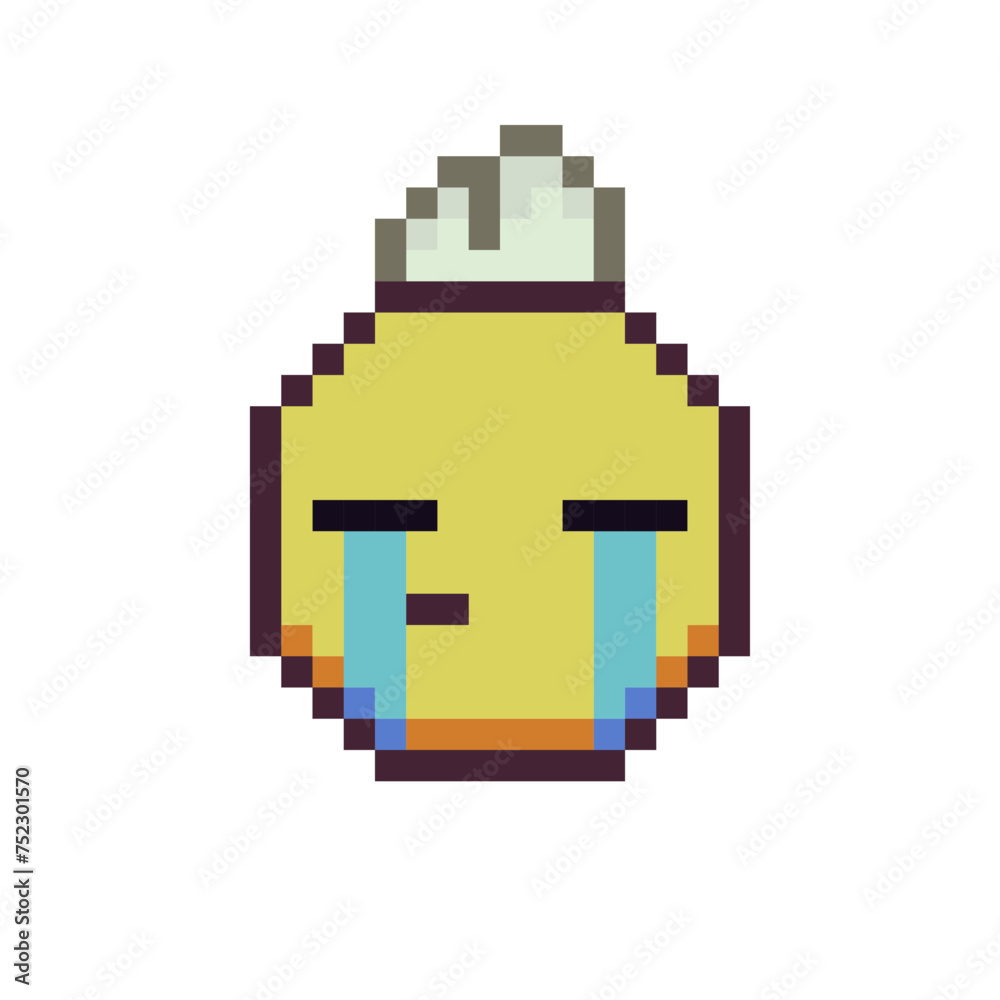 Sad smiley shedding tears, crying yellow face. Cartoon character. Pixel ...