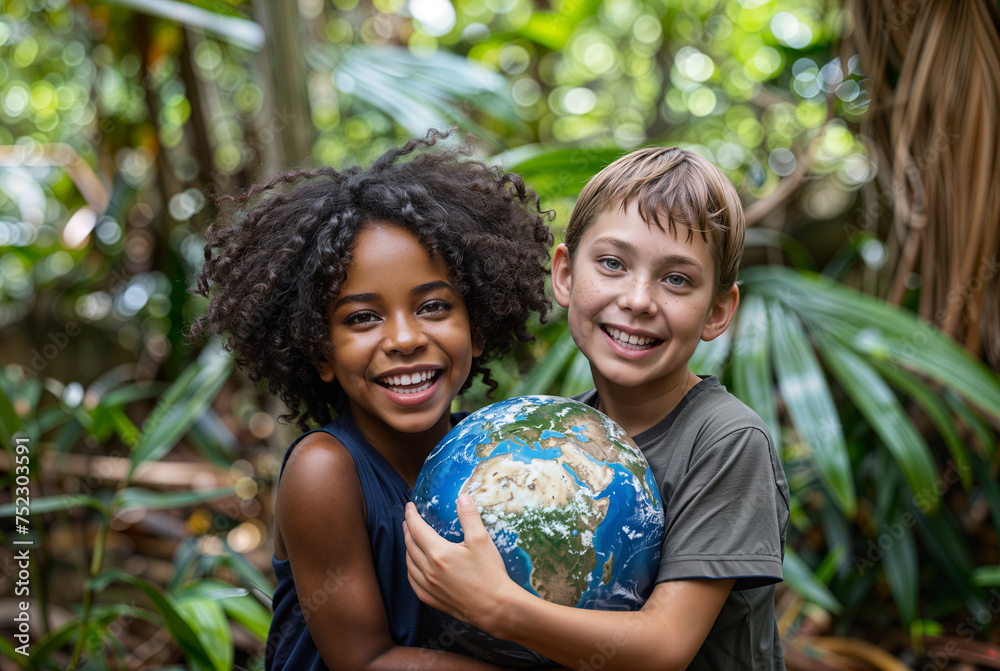 Two kids holding an Earth globe for earth day, smiling white and black ...