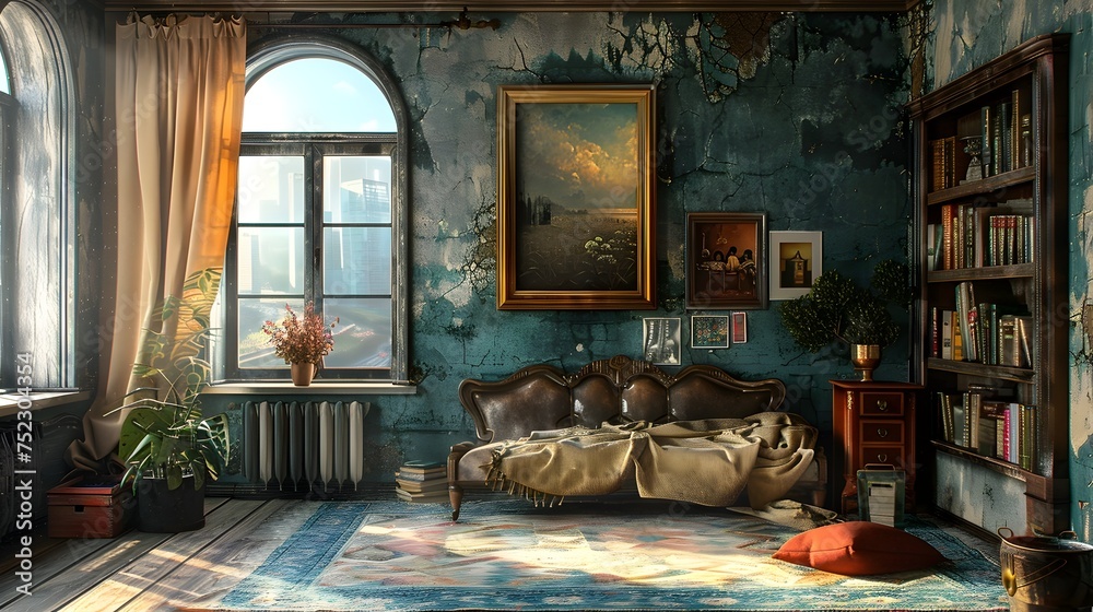 Shabby Living Room in Post-Apocalyptic Style, To evoke feelings of ...