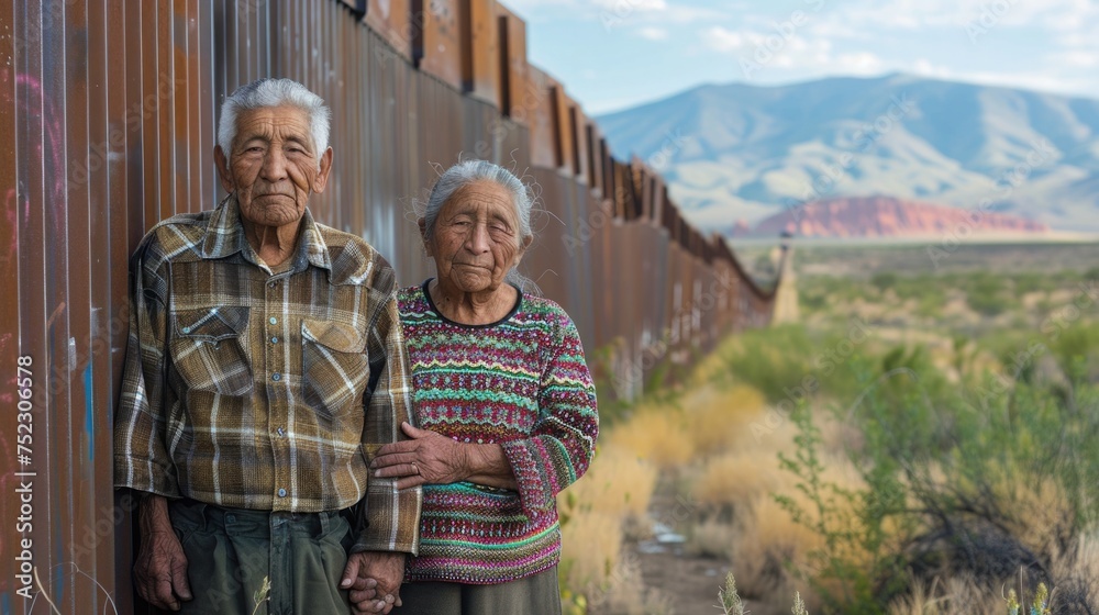 Elderly Mexican couple holding hands while standing before the towering ...