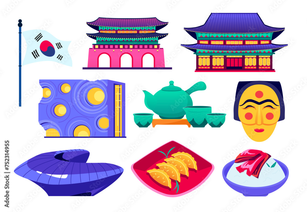 Cuisine and architecture of Korea - flat design style objects set. High ...