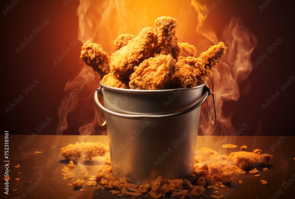 Fried chicken is inside an empty bucket, presented with uncanny ...