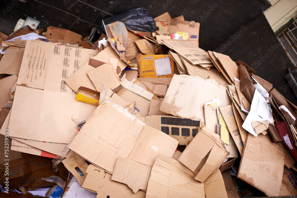 Recycle, cardboard or box of garbage for waste management, junk yard ...
