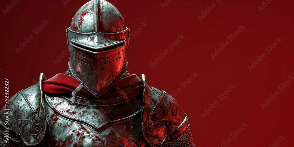 Medieval knight in armor standing proudly against a striking red and ...