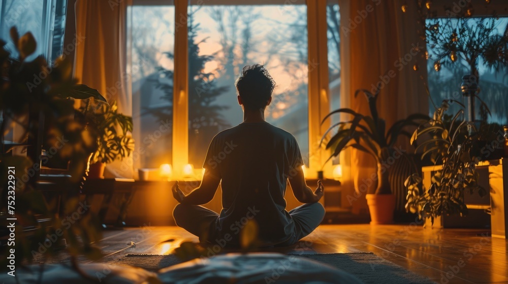 A man sitting quietly in a meditation pose at home, surrounded by soft ...