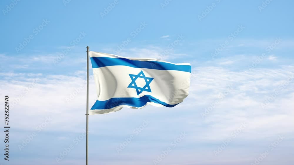 Flag Israel against cloudy sky. Israeli flag waving in the wind ...