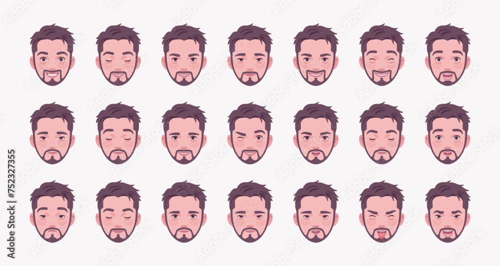 Young beard man, handsome male emotion set, businessman appearance ...