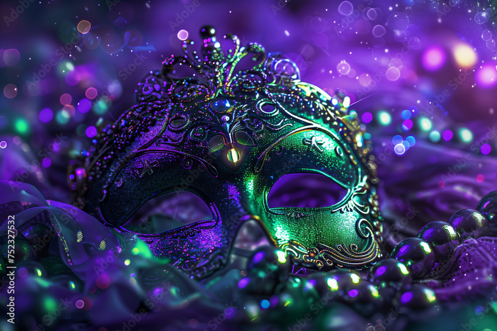 the symbolism of the Mardi Gras holiday, beads and a masquerade mask on ...