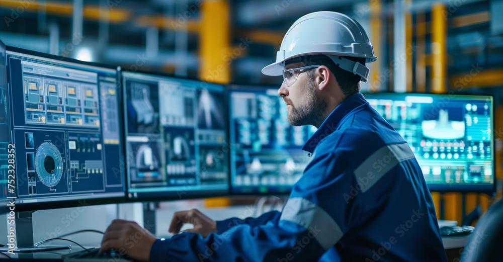 SCADA Engineer at Industrial Control Panel. Focused engineer operating SCADA system in ...