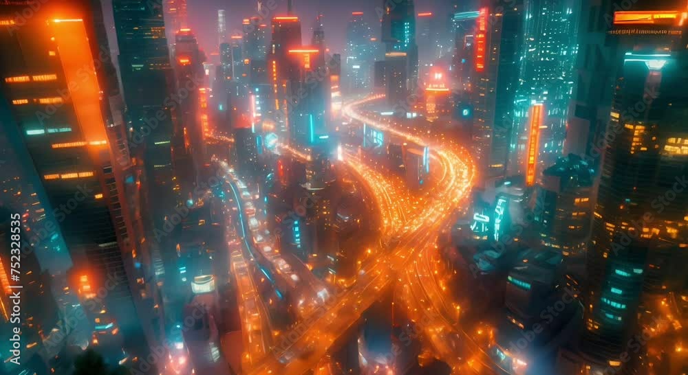Futuristic cityscape illuminated by neon lights, showcasing advanced ...
