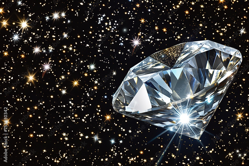 The diamond suspended in a starry night sky, its facets mirroring the ...