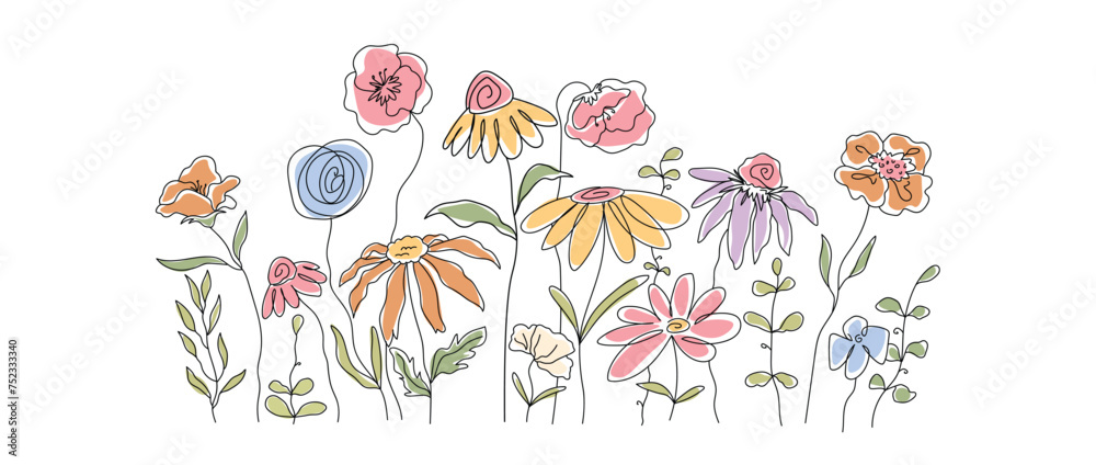 Spring flowers in the grass line art, Line art flowers meadow vector ...
