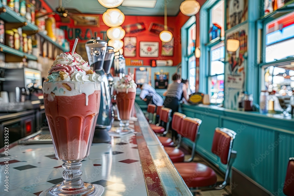 A vintage soda fountain serving classic ice cream floats and malts ...