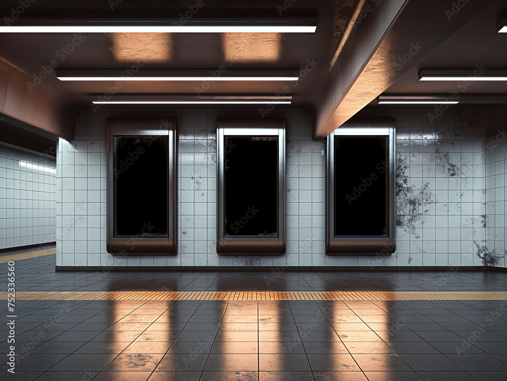 Billboards on underground wall Mockup. Vertical hoardings template in ...
