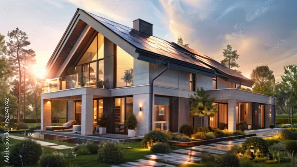 A digital transformation of a suburban house with solar panels ...