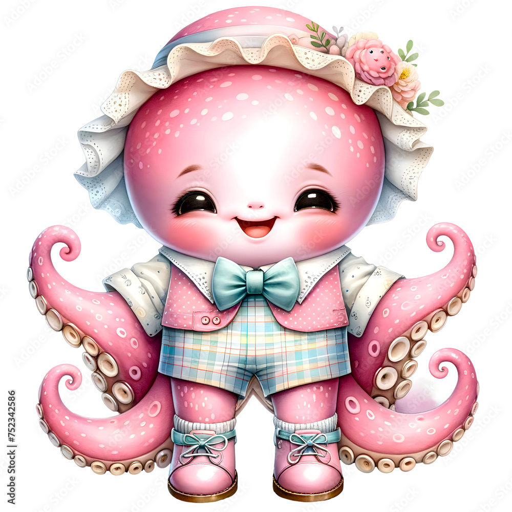 Cute kawaii Octopus animal character wearing cute pastel outfit clipart ...