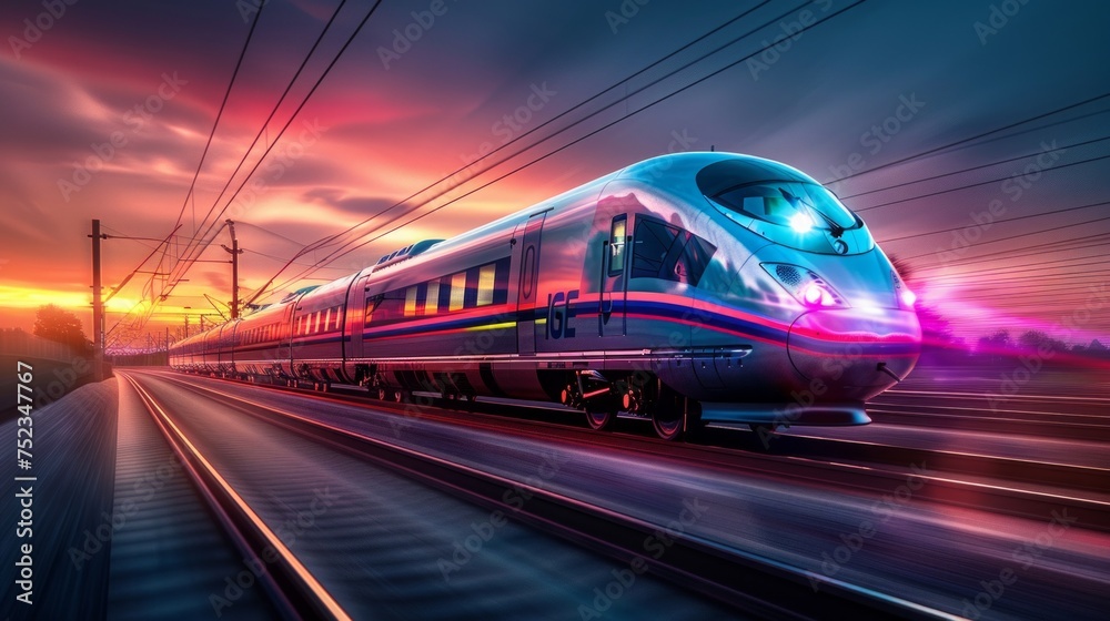 sleek high-speed train slicing through countryside, dawn light casting ...