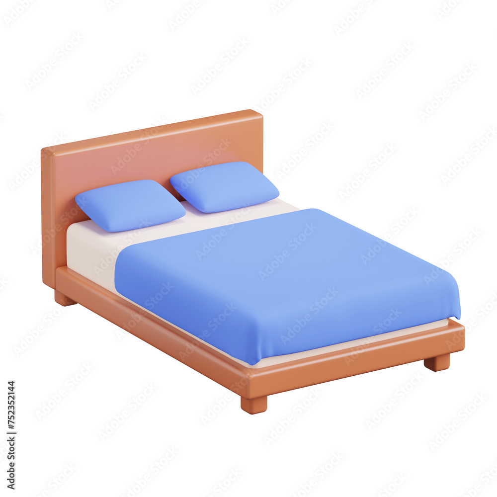 Bed, 3d icon. Double bed with pillows and blanket. 3D object on a ...