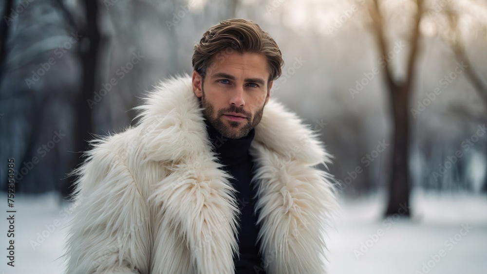 Handsome white man with model hair, white fur coat with long faux fur ...