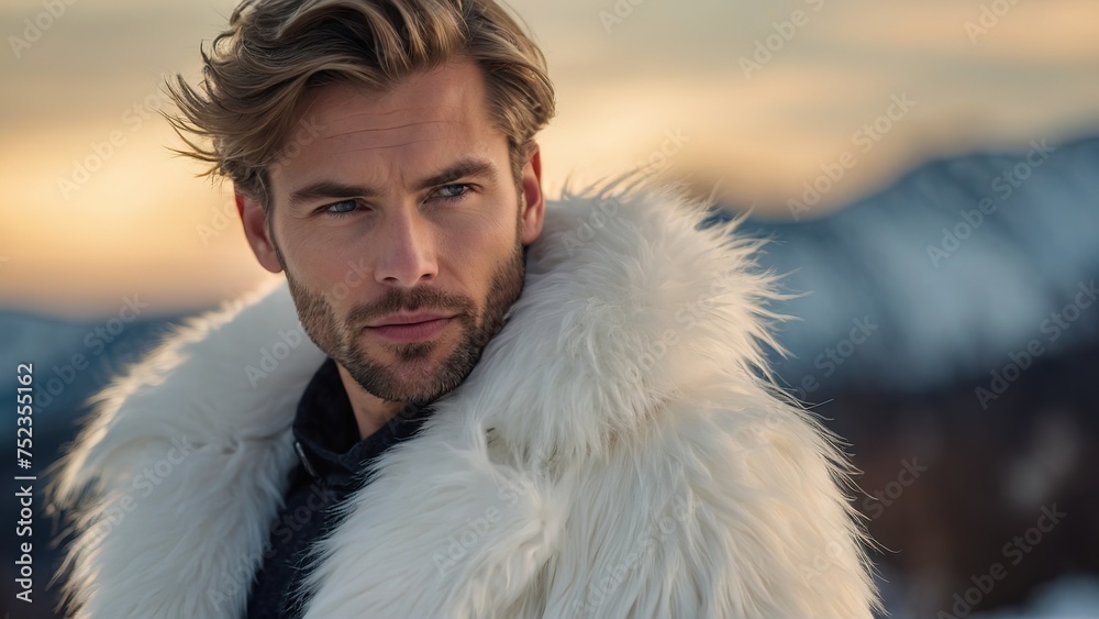 Handsome white man with model hair, white fur coat with long faux fur ...