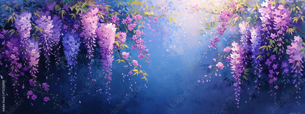 Spring wisteria blooming flowers in sunset garden. Purple japanese ...